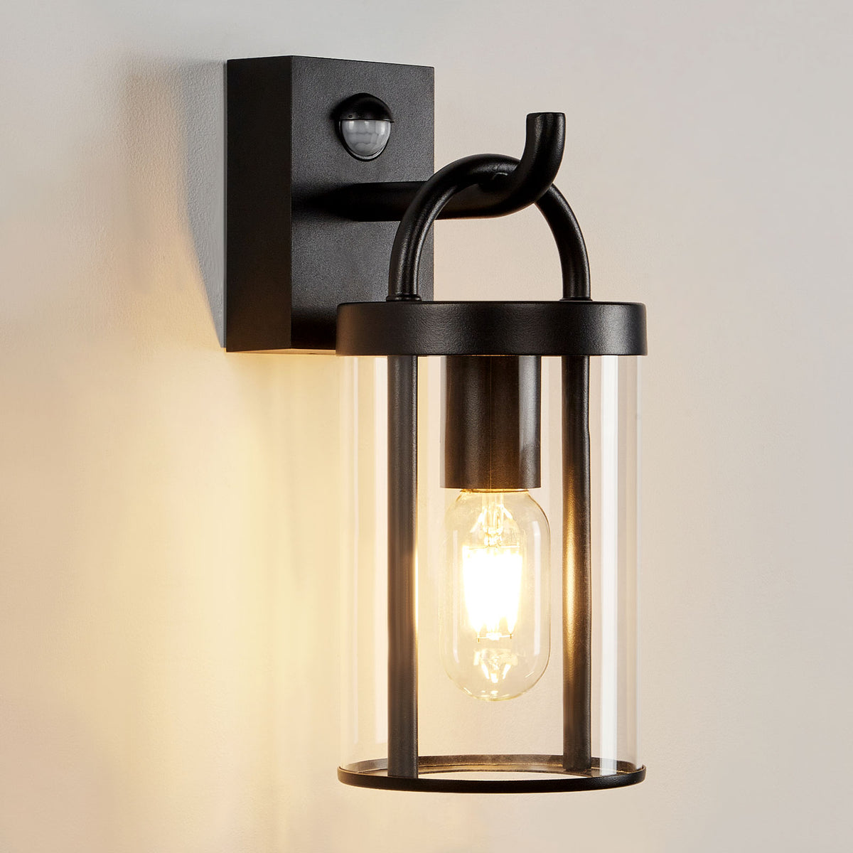 Black Outdoor PIR Sensor Wall Light and Sconce with Cylinder Clear Sha ...