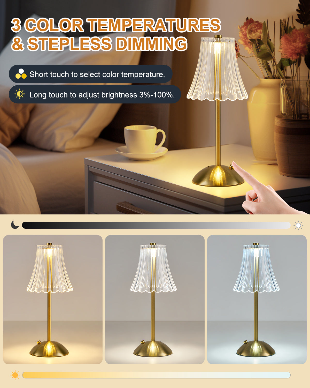 HARPER LIVING Rechargeable Table Lamp, Bedside Reading Light Polished ...